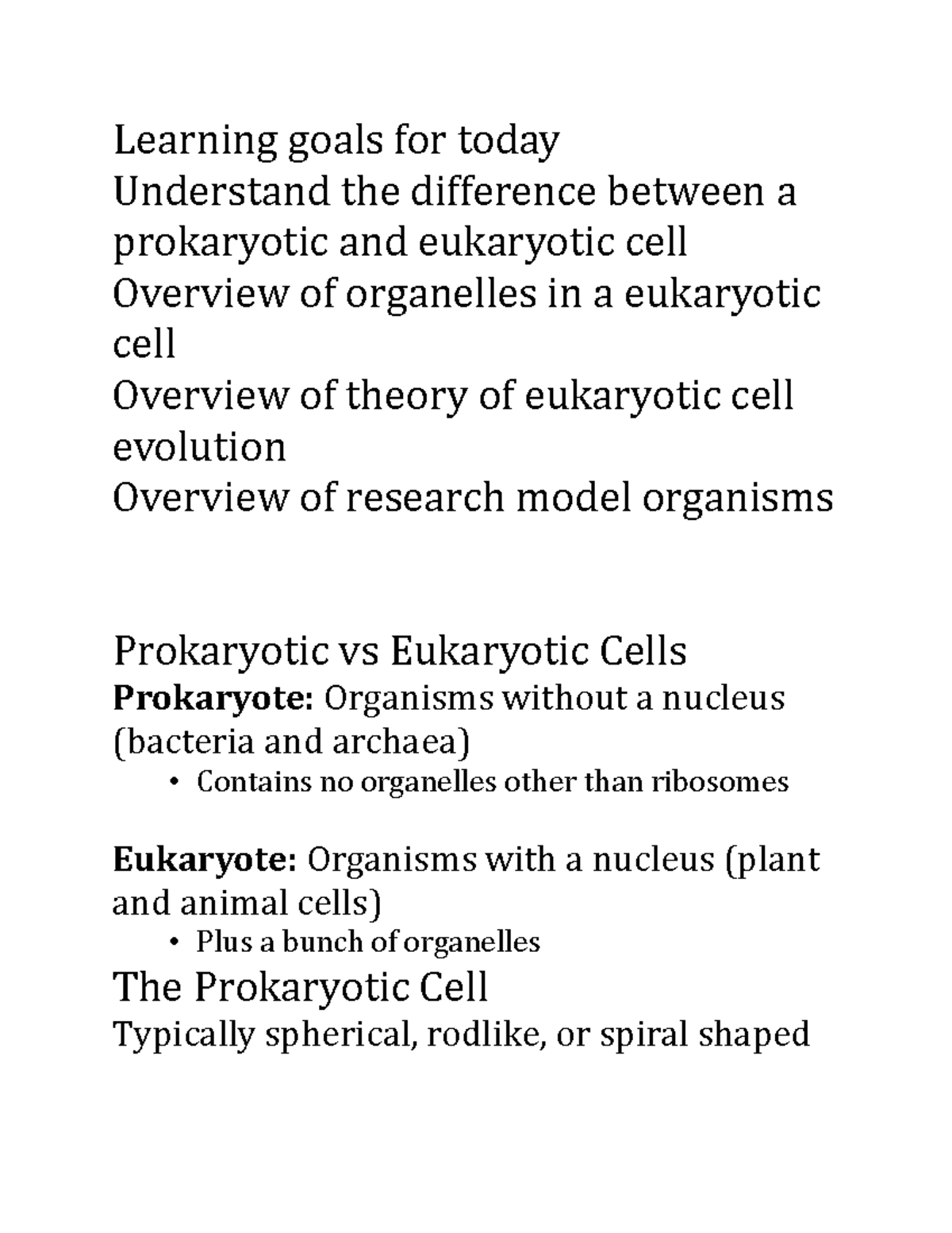 Chapter 1 Part 2: Prokaryotic and Eukaryotic Cells - Learning goals for ...