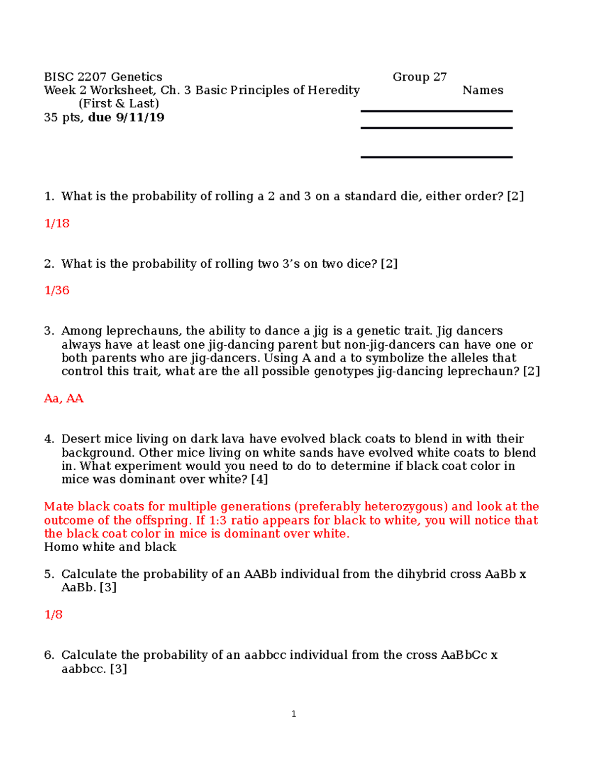 Genetics Worksheet 2 Bisc 2207 Genetics Group 27 Week 2 Worksheet Ch
