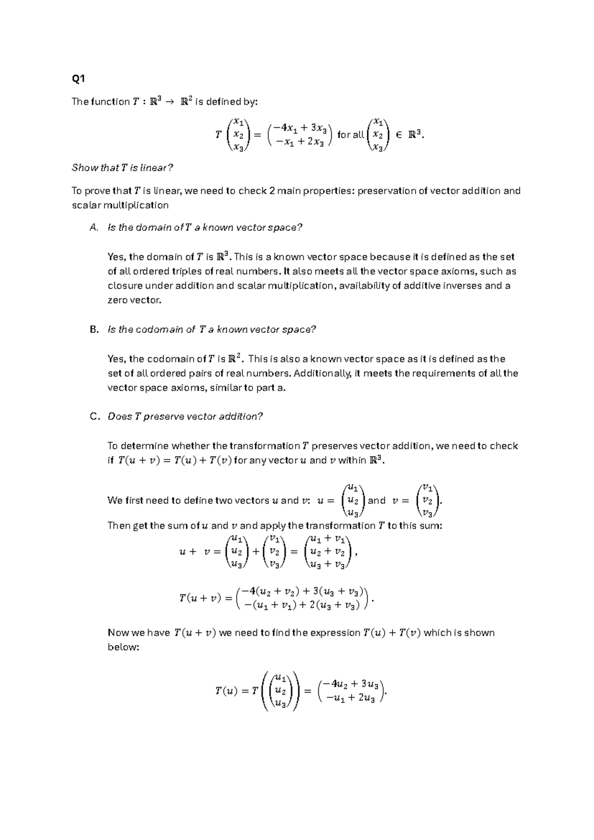 Math1B assigment - Assessment applied maths flavour - Q The function 𝑇 ∶ ℝ 3 → ℝ 2 is defined by ...