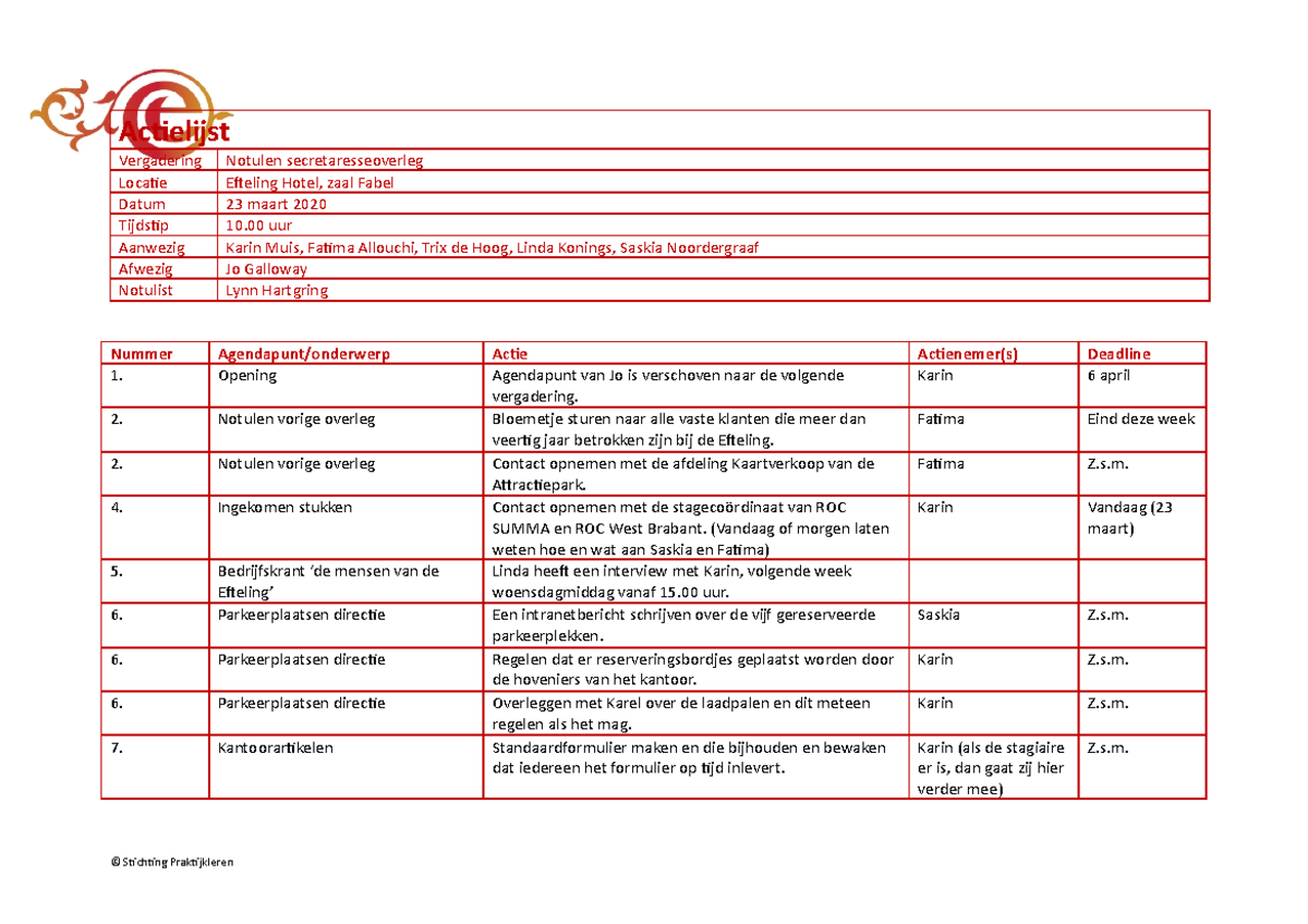 Actielijst secretaresseoverleg - Actielijst Vergadering Notulen ...
