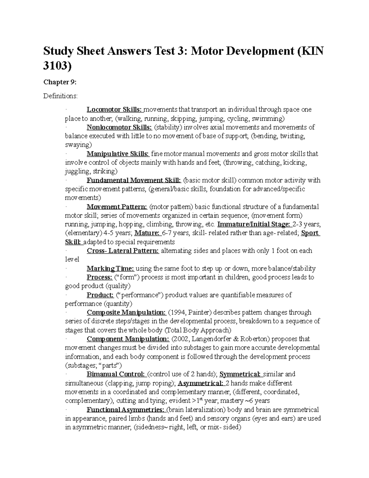 MD Test Review #3 - Study Sheet Answers Test 3: Motor Development (KIN ...
