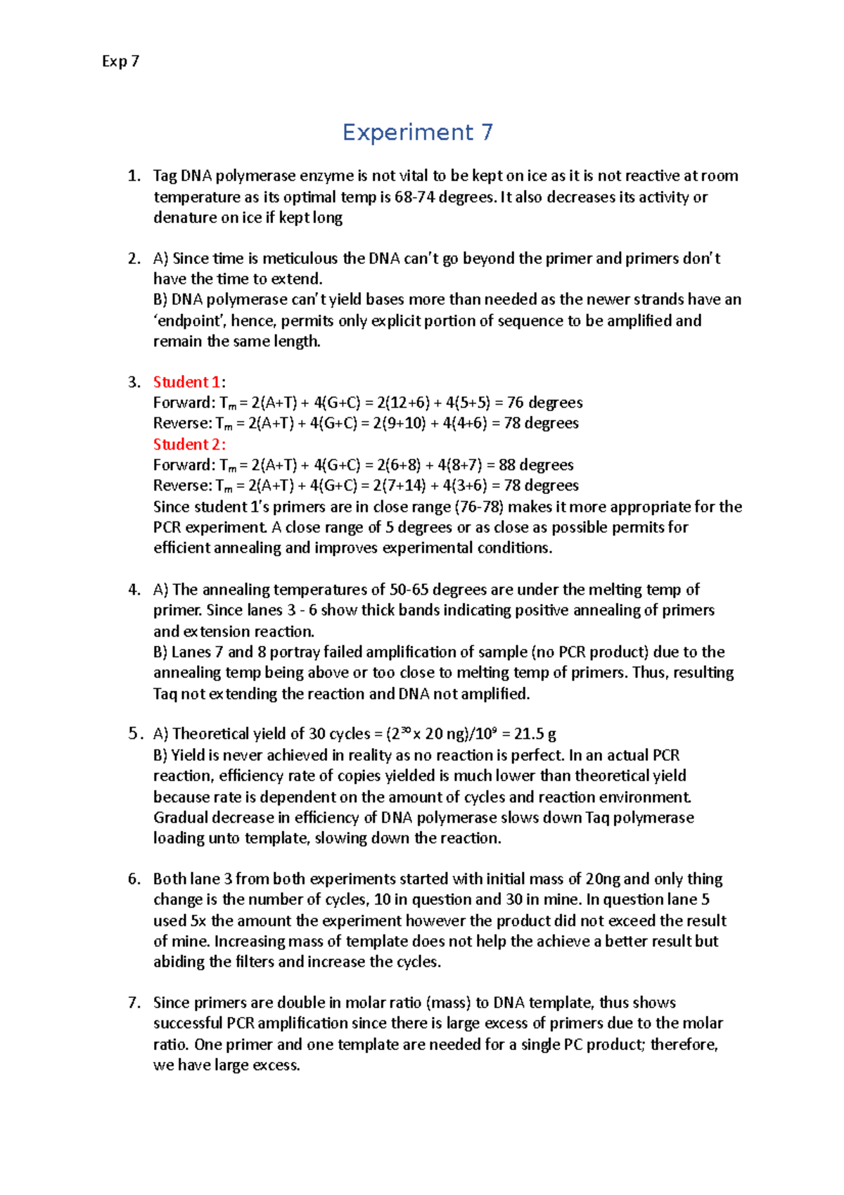 Experiment 7 - Exp 7 Experiment 7 Tag DNA polymerase enzyme is not ...