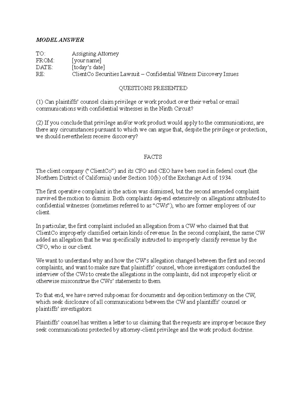 Litigation Task 1 model answer - MODEL ANSWER TO: Assigning Attorney ...