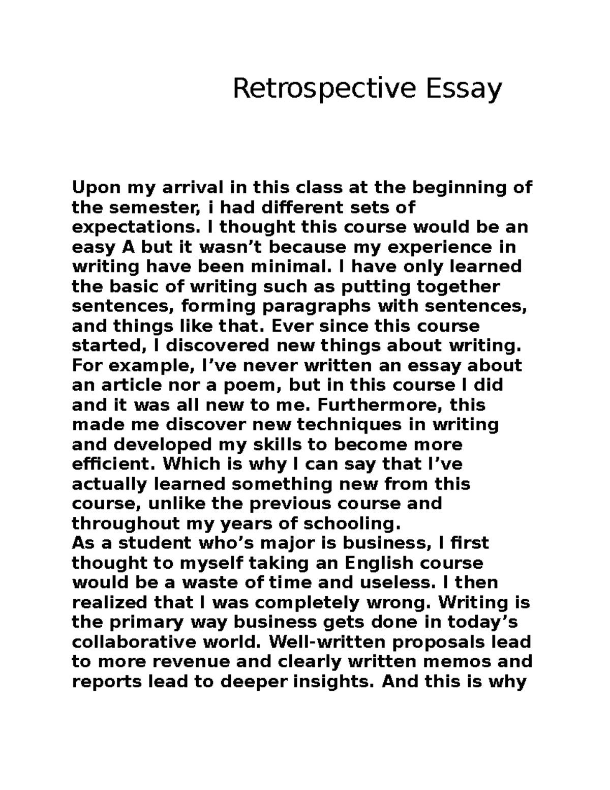 Retrospective Essay (7)afraos - Retrospective Essay Upon my arrival in ...