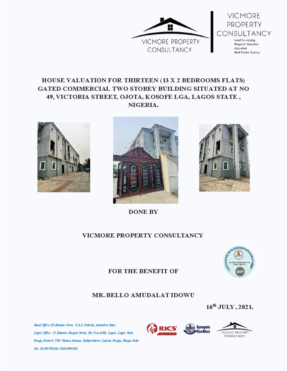 House Valuation Bello-Copy - Head Office:30 Abatete Drive, G.R Onitsha ...