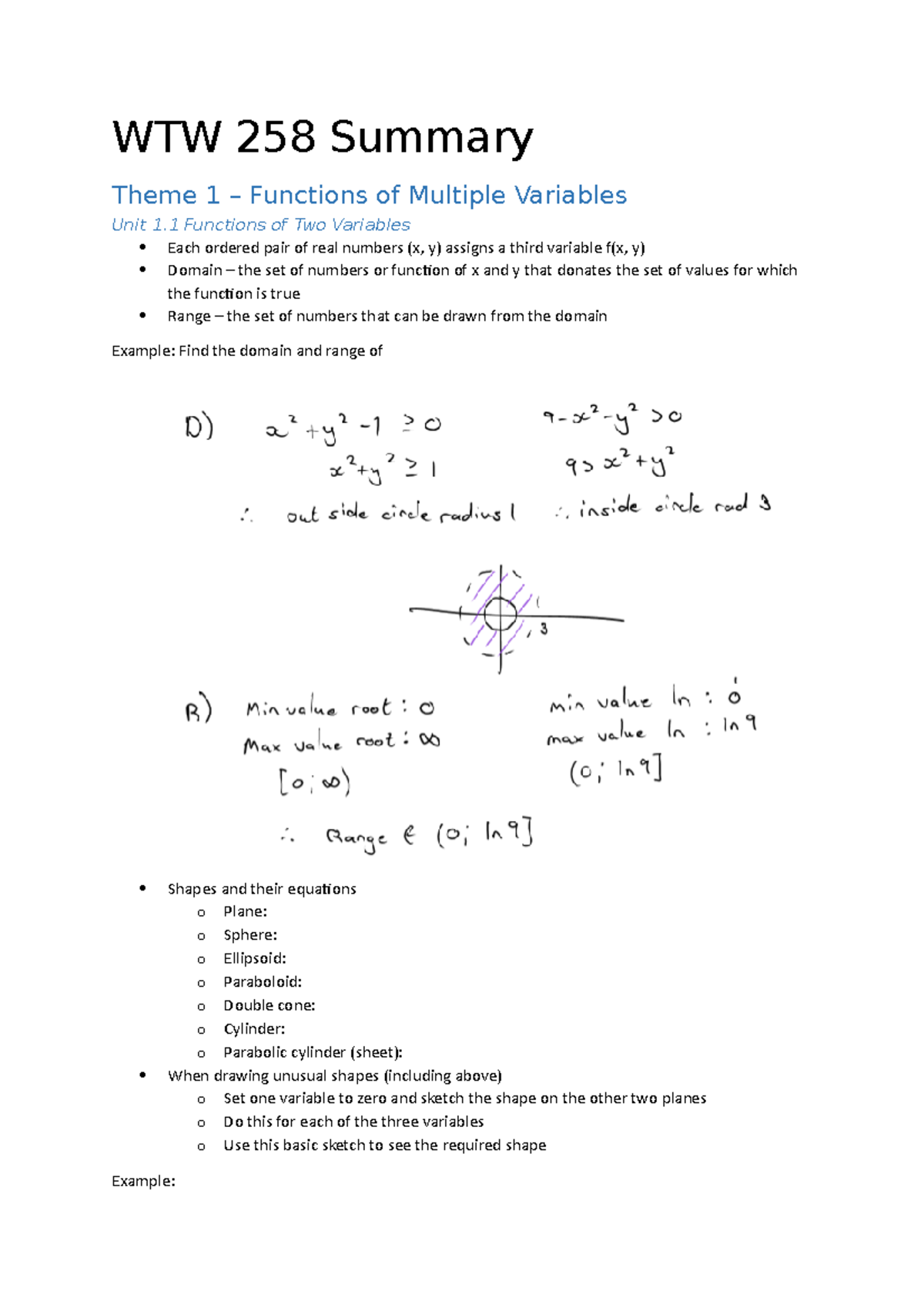 WTW 258 Summary - WTW 258 Summary Theme 1 – Functions of Multiple Variables Unit 1 Functions of ...
