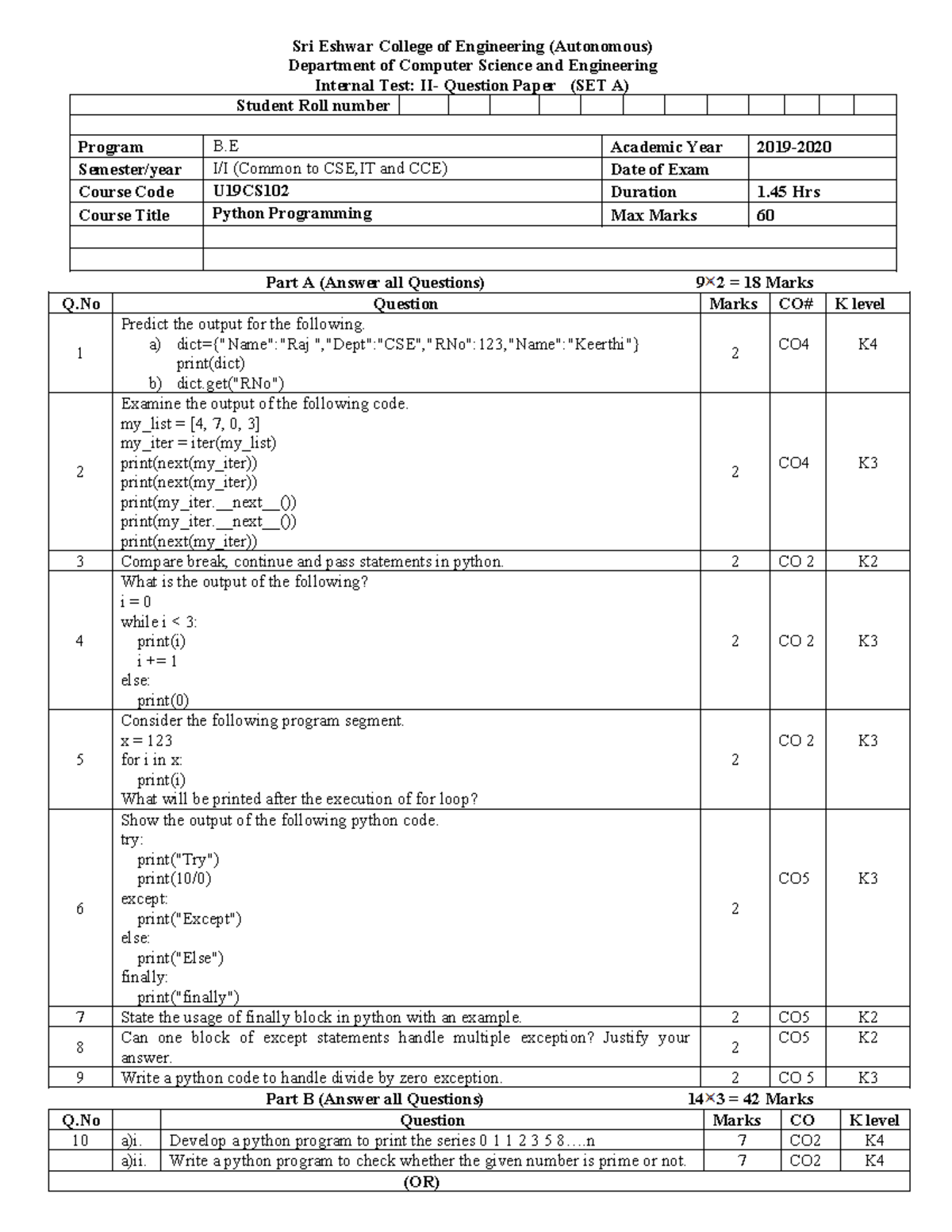 Internal II Python Question Paper - Sri Eshwar College of Engineering ...