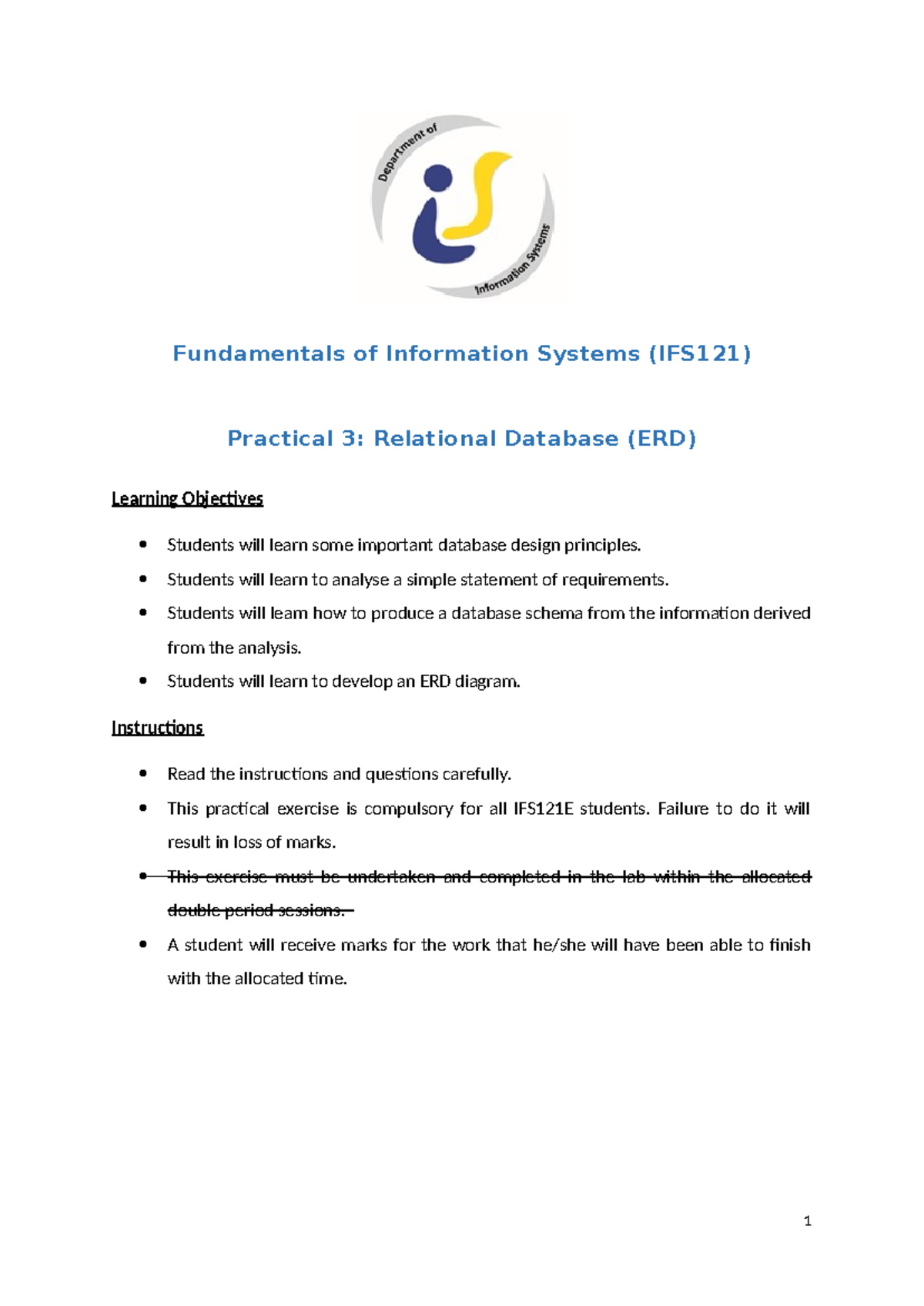 IFS 121E Practical 3 Instructions Exercise - Fundamentals of ...