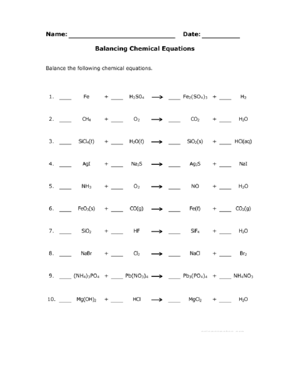 Balancing Chemical Equations Worksheet 1 - Studocu