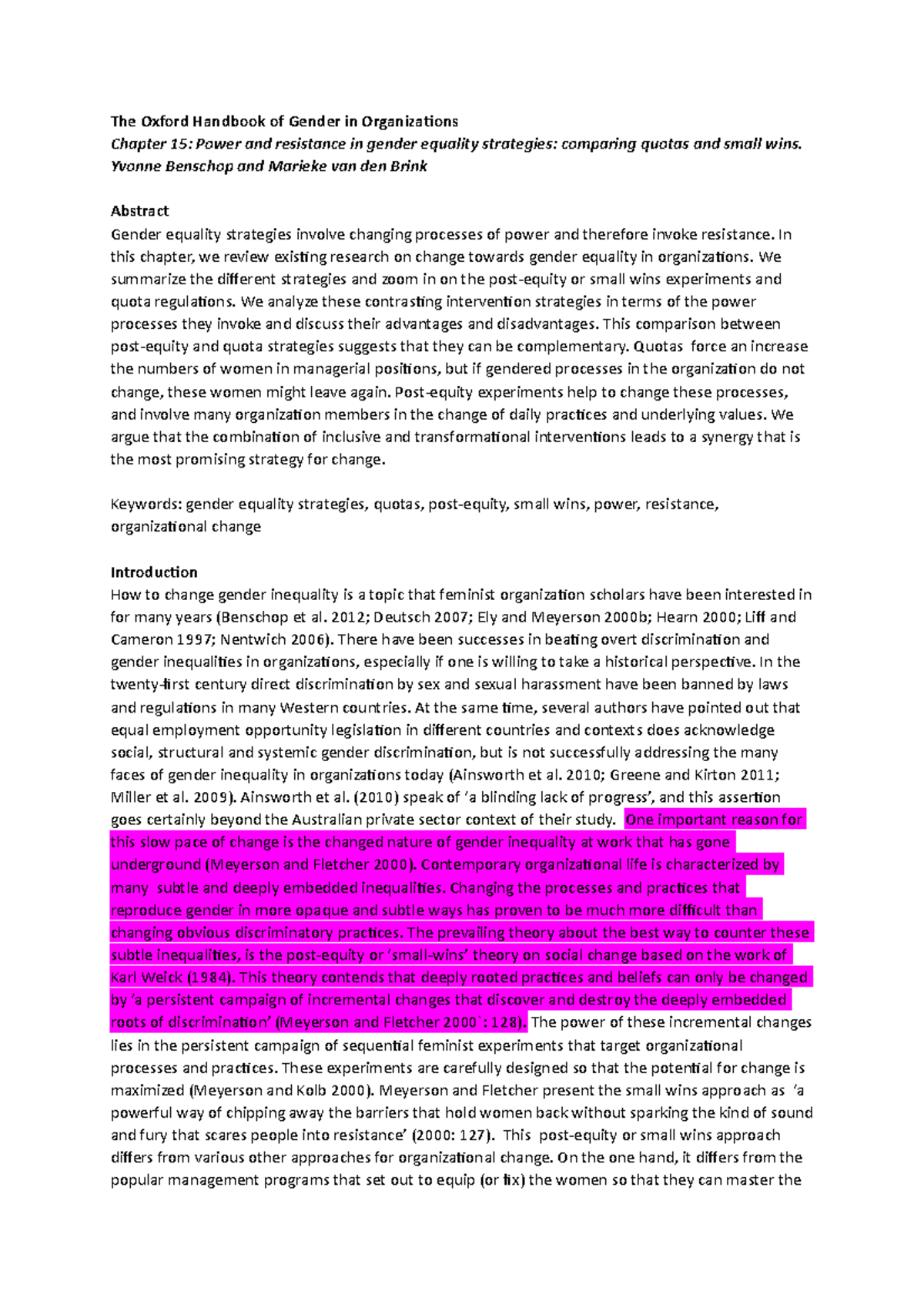 Oxford book chapter 15 summary - The Oxford Handbook of Gender in ...