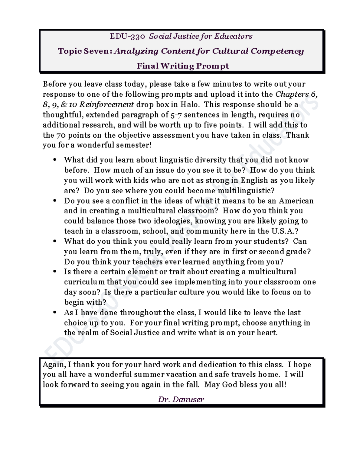 EDU-330 Topic Seven Final Writing Prompt - EDU-330 Social Justice for ...