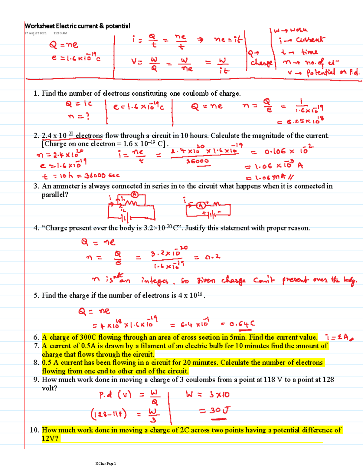 Worksheet on Current and potential - 1 the number of electrons ...