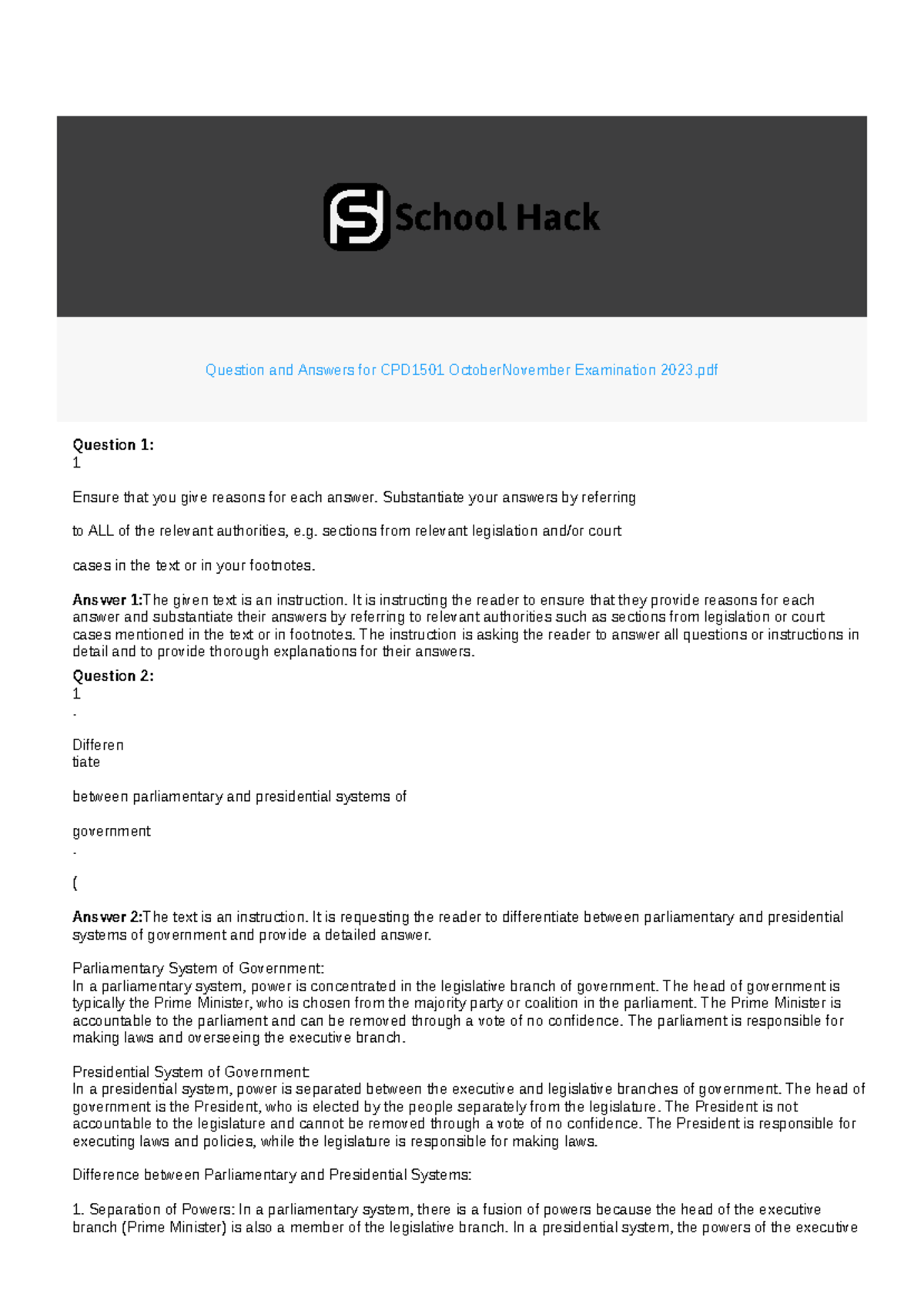 CPD1501 October November Examination 2023.pdf Summarization report - Question and Answers for ...