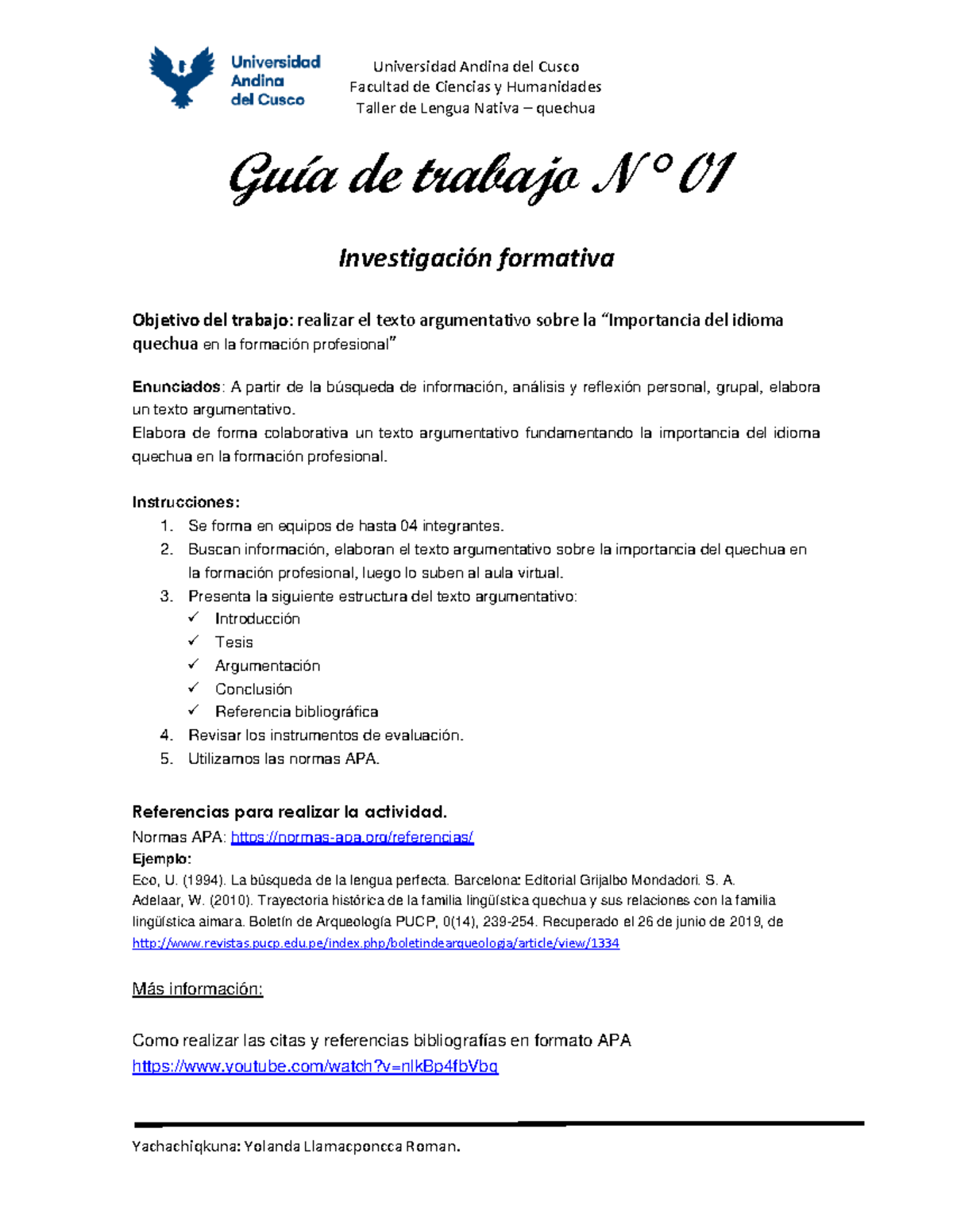 Investigacion Informativa - Facultad de Ciencias y Humanidades Taller de Lengua Nativa – quechua ...