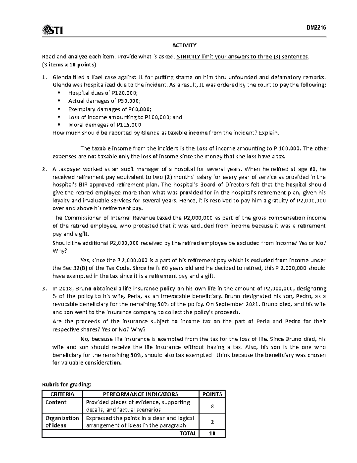 05 Actvity 1 Taxation - ACTIVITY Read and analyze each item. Provide ...
