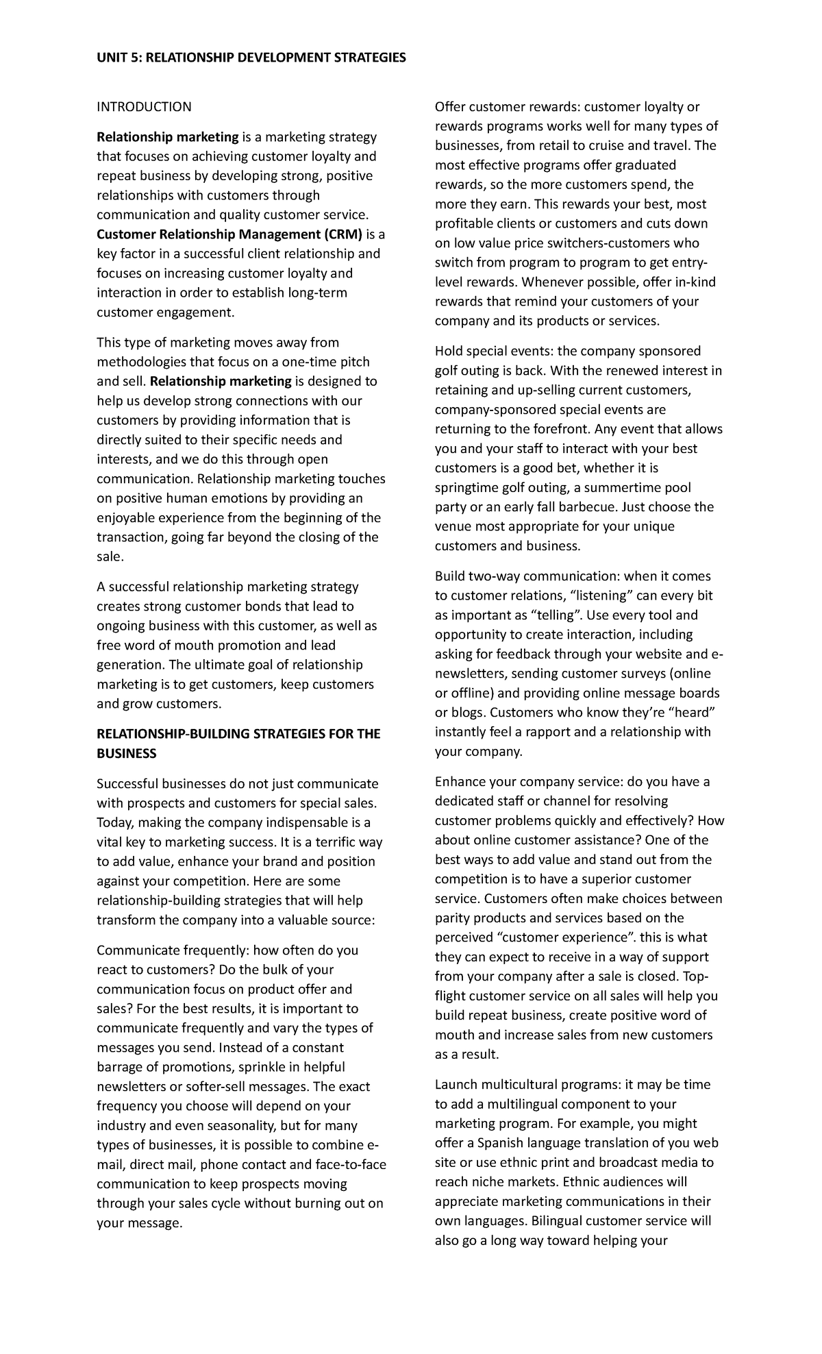 Business Marketing 5 - UNIT 5: RELATIONSHIP DEVELOPMENT STRATEGIES ...