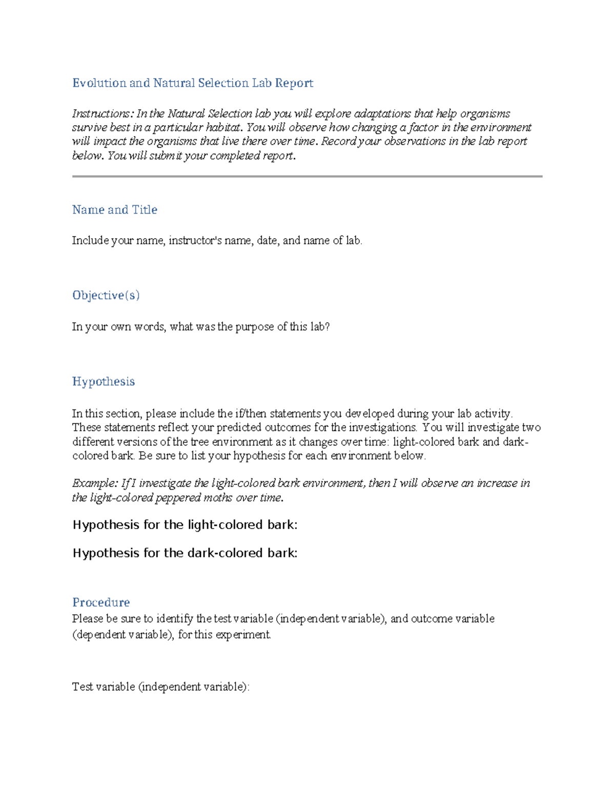 Natural Selection Lab Report - Evolution and Natural Selection Lab ...