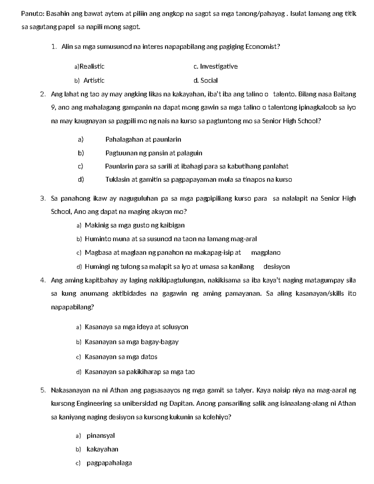 Q4- Tayahin-mod - quiz esp - Panuto: Basahin ang bawat aytem at piliin ang angkop na sagot sa ...