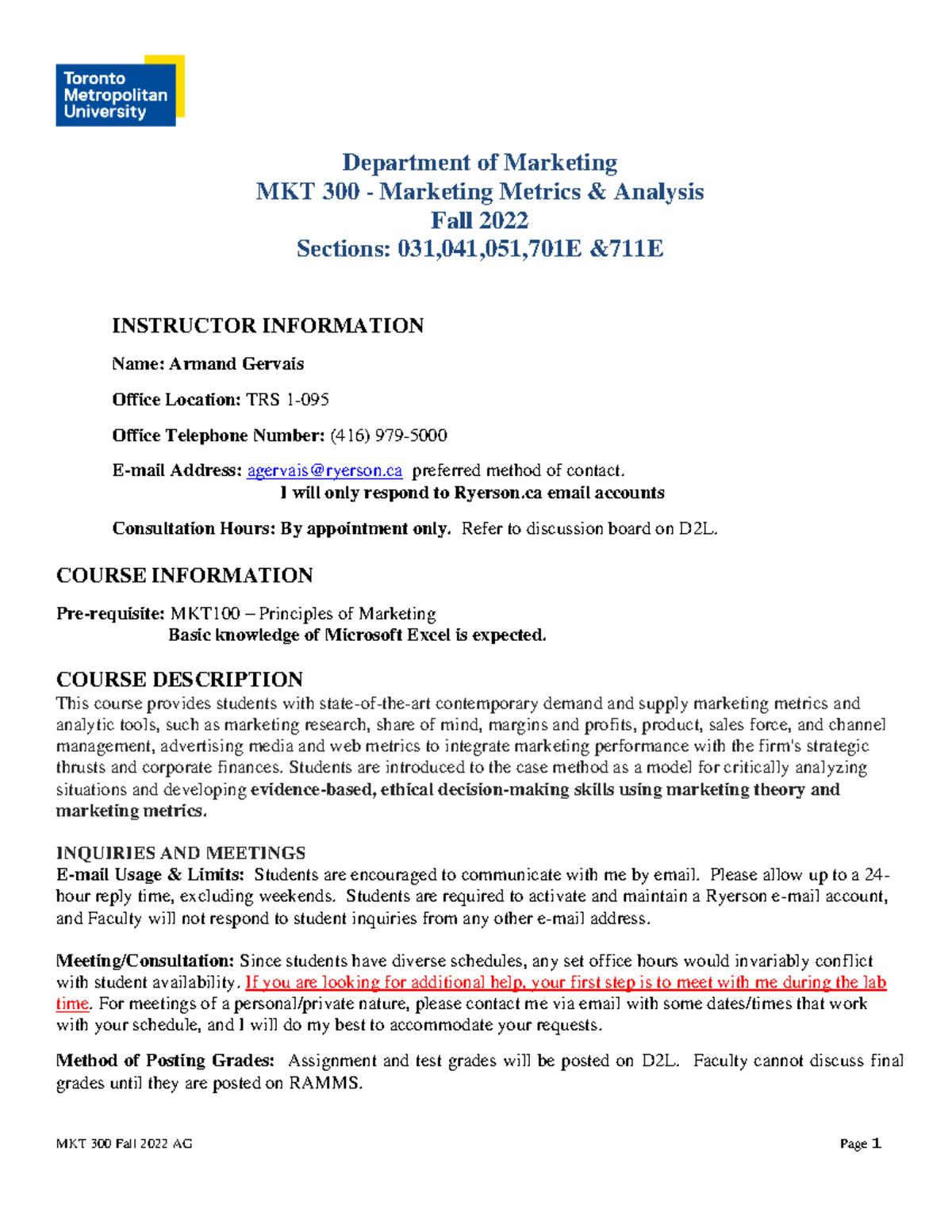 MKT 300 Course Outline Fall 2022 AG V1 - Department of Marketing MKT ...