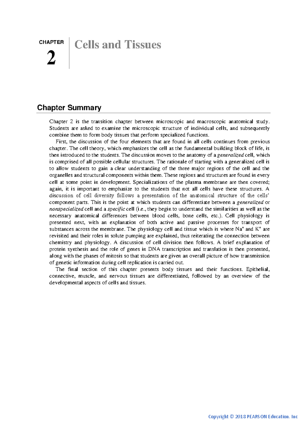 Chapter 2 Summary - Copyright © 2018 PEARSON Education. Inc Cells and ...