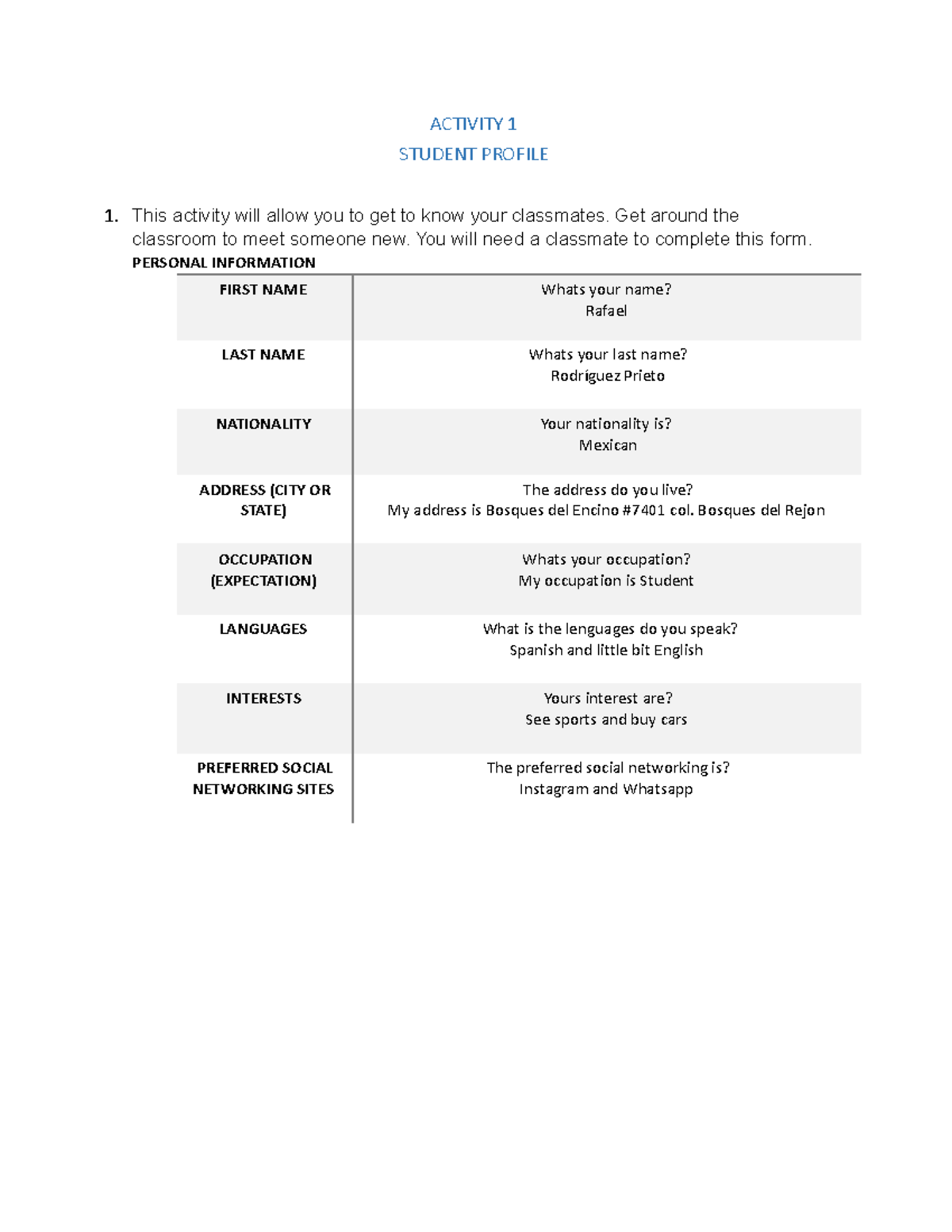 Activity 1 English 2 - ACTIVITY 1 STUDENT PROFILE 1. This activity will ...
