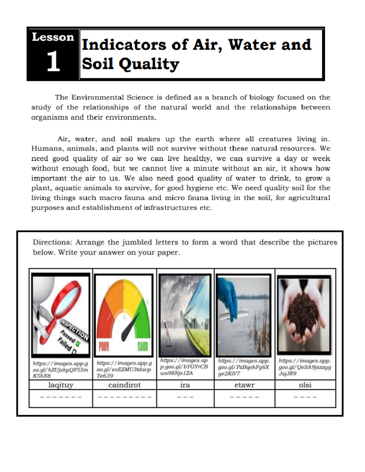 Asynchronous Activity Indicators OF Water - Lesson Indicators of Air ...