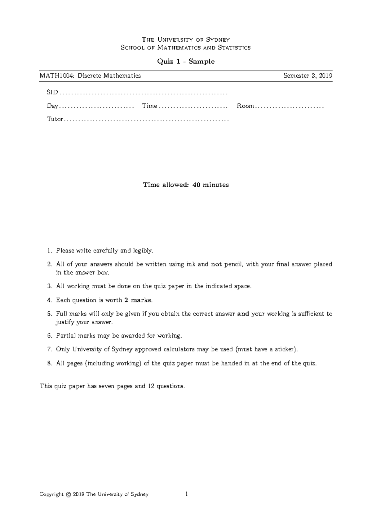 Quiz1-sample-sol - Quiz1-sample-sol - The University of Sydney School ...