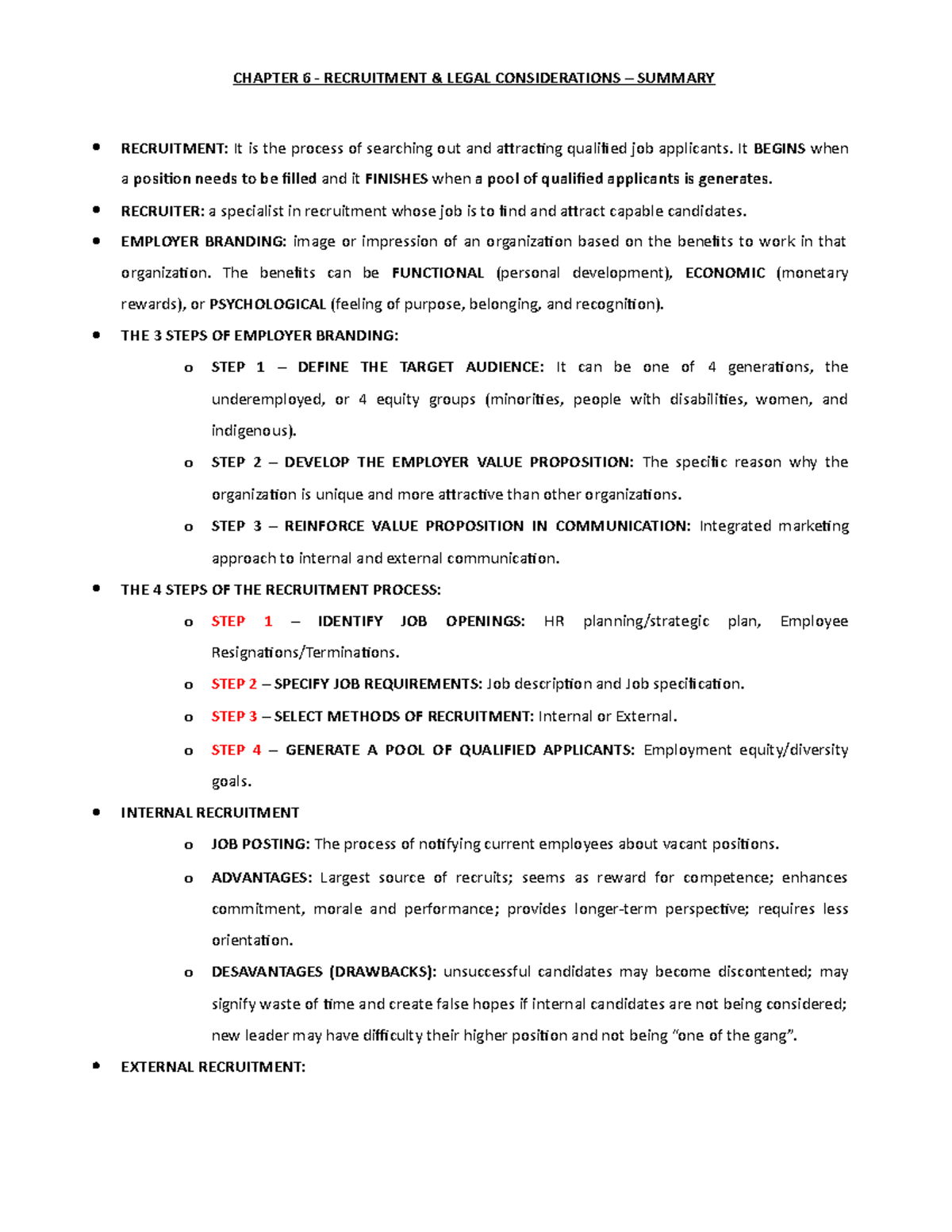 6. Chapter 6 - Recruitment & Legal Considerations - Summary - CHAPTER 6 ...