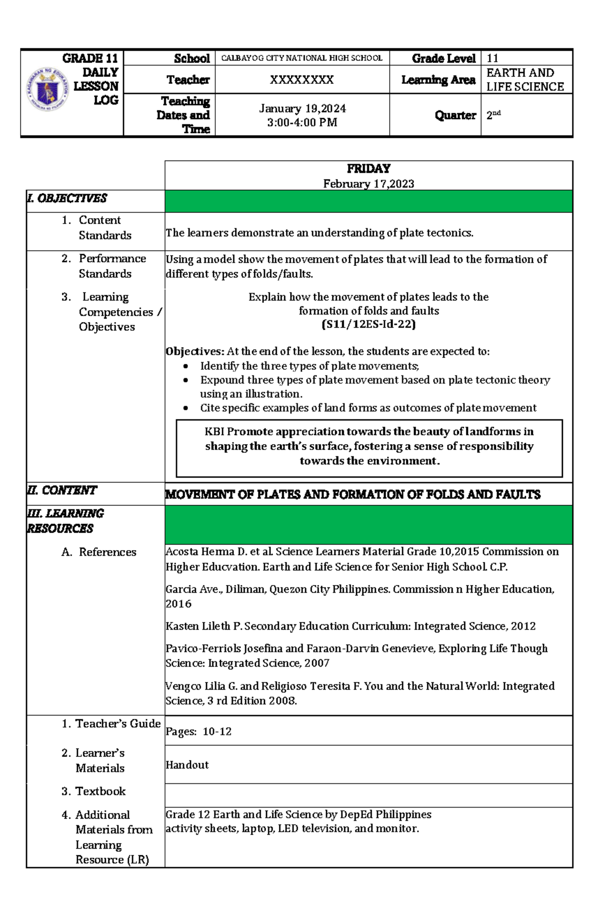 Sample Lesson PLAN IN Science - GRADE 11 DAILY LESSON LOG School ...