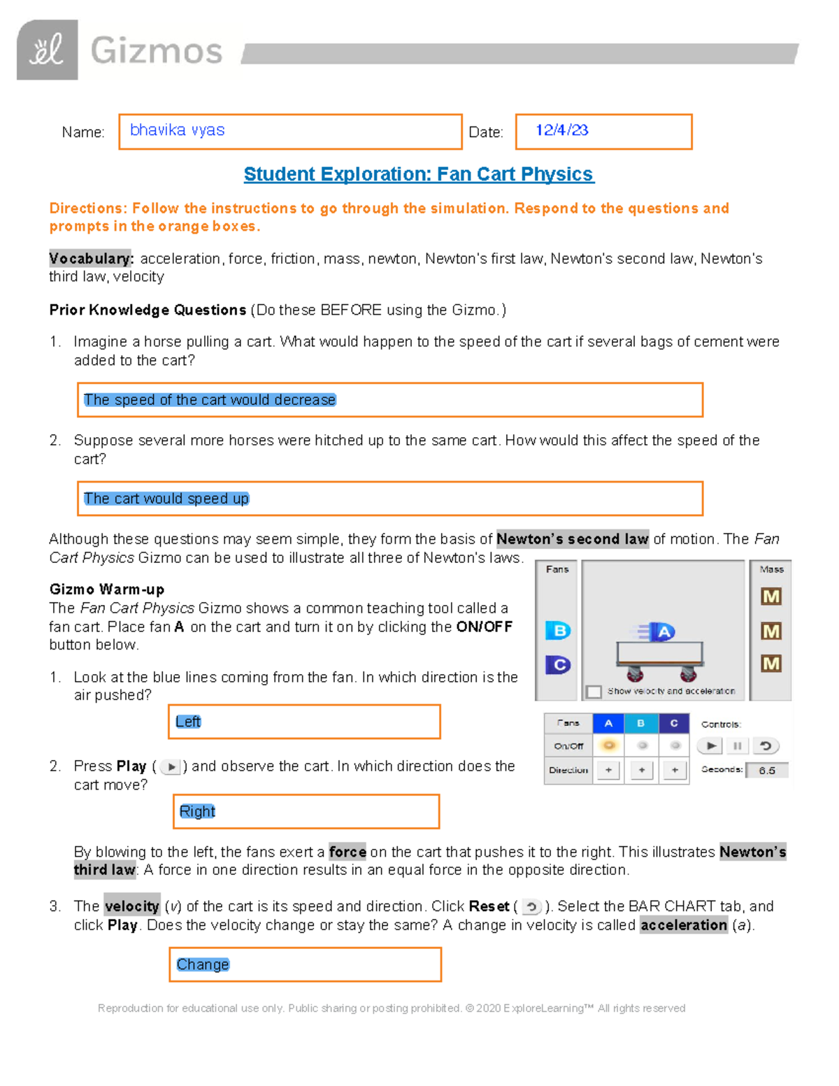 Gizmo - Student Exploration: Fan Cart Physics Directions: Follow the ...