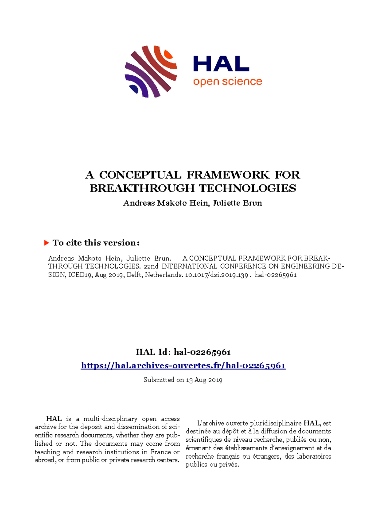 Breakthrough technologies ICED 2019 HAL - A CONCEPTUAL FRAMEWORK FOR ...