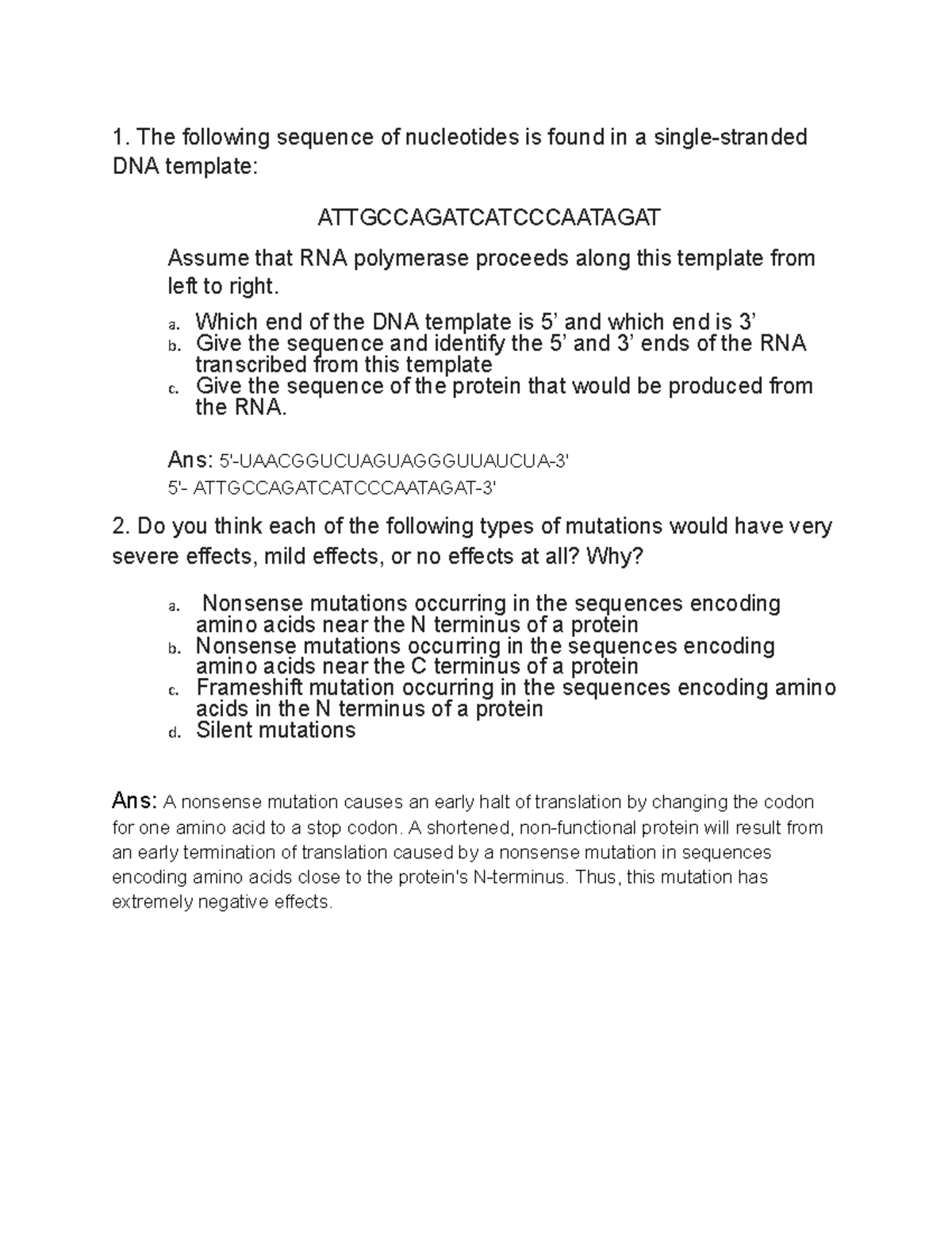 Worksheet 3 - 1. The following sequence of nucleotides is found in a ...