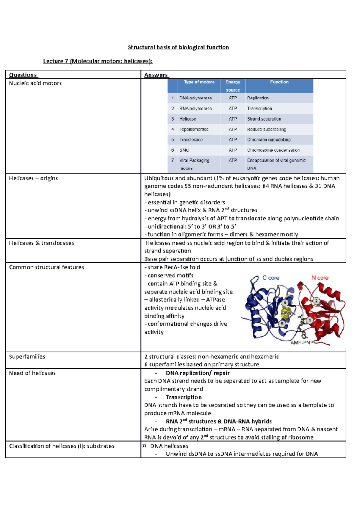 Revision - lecture 7 - Structural basis of biological function Lecture ...