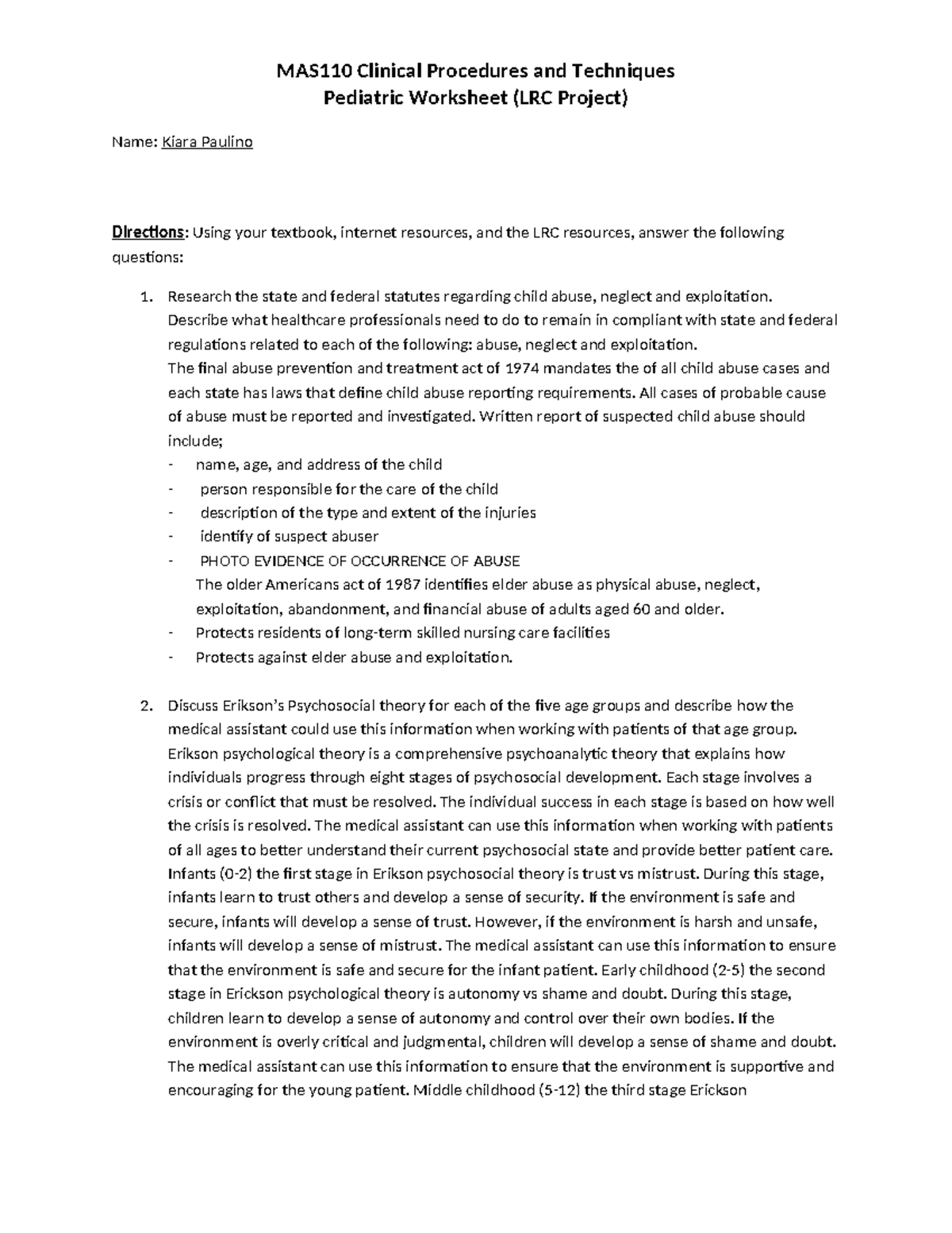 Pediatric Worksheet - MAS110 Clinical Procedures and Techniques ...