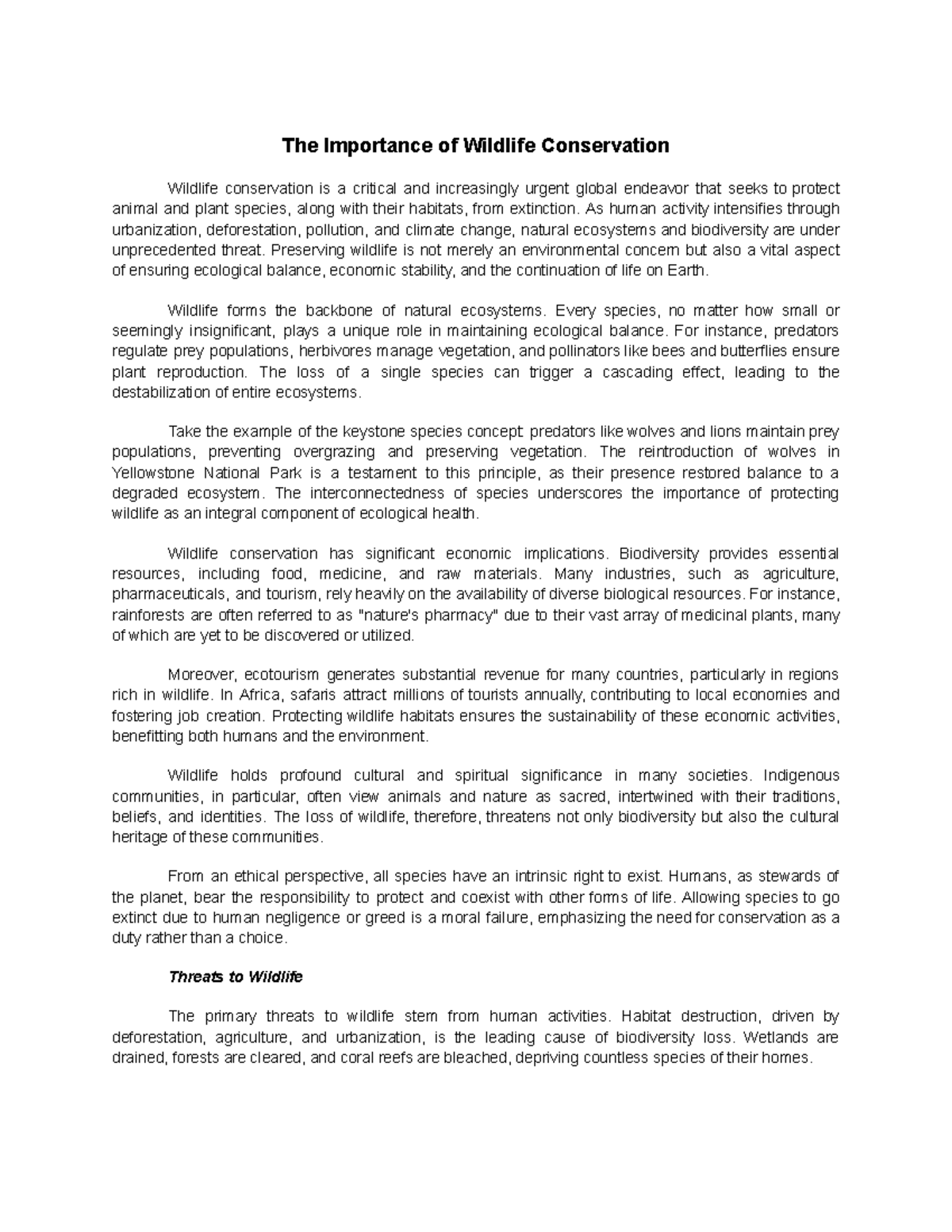 Essay Importance of Wildlife Conservation - The Importance of Wildlife ...