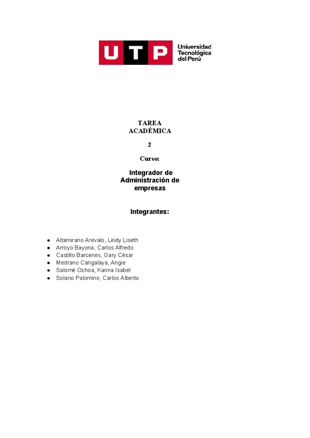 TA2 Integrador - TA2 - TAREA ACADÉMICA 2 Curso: Integrador de Administración de empresas - Studocu
