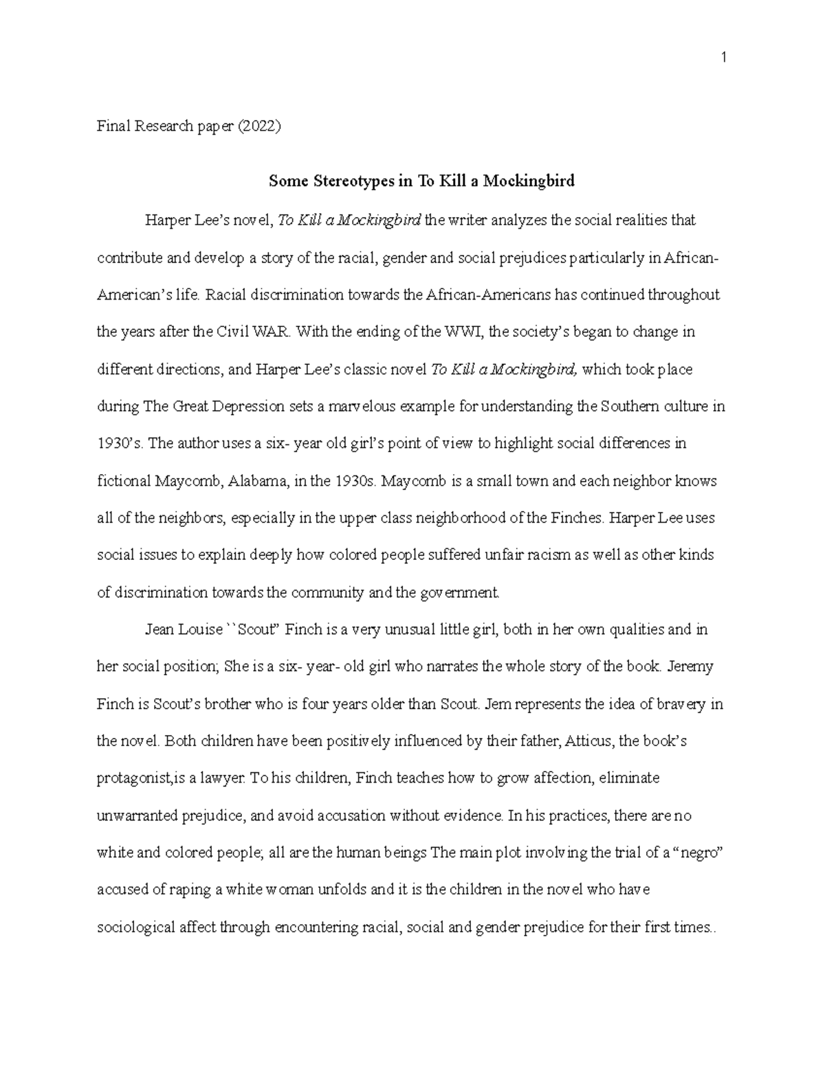 To Kill a Mockingbird research paper - Final Research paper (2022) Some ...