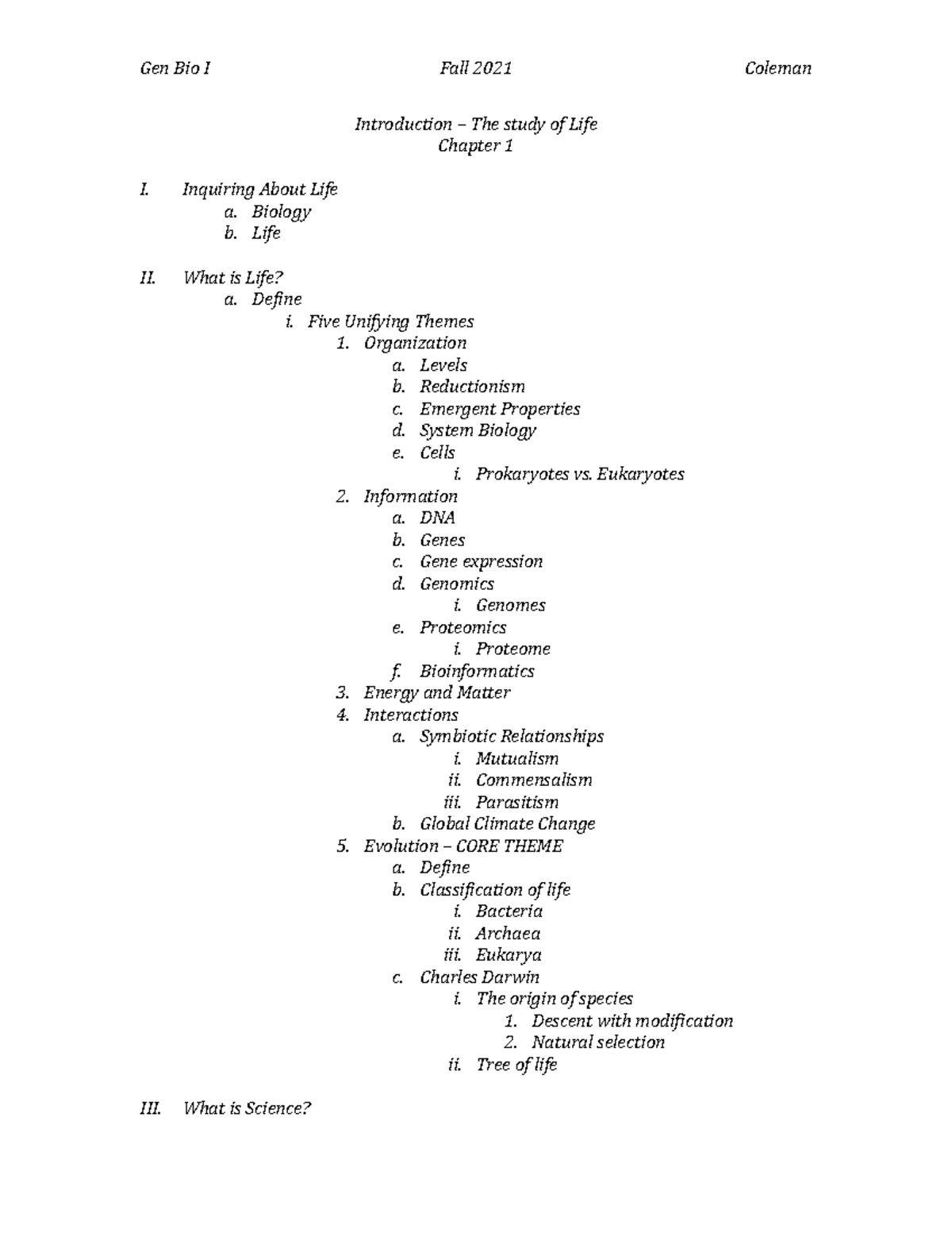 Ch1 Outline F21 - Introduction – The study of Life - Gen Bio I Fall ...