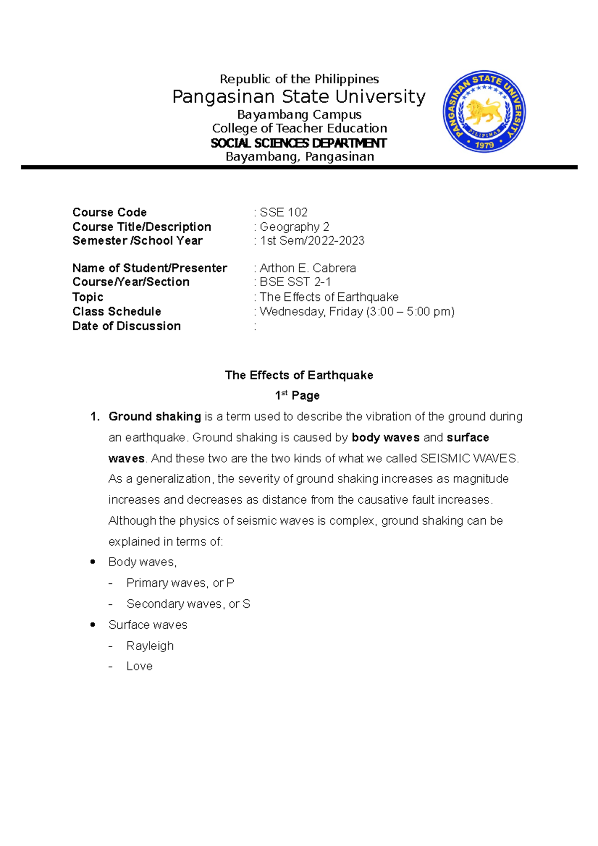 Written-Report- Physical geography Effects of Earthquake - Republic of ...