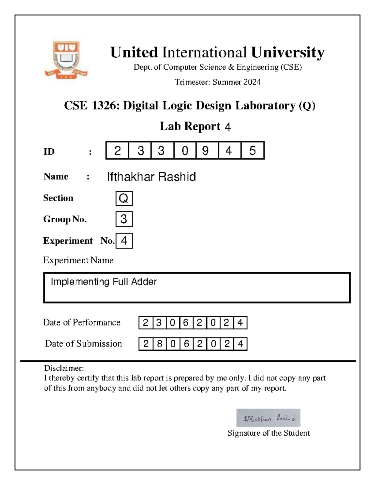 DLD Lab Report-4 - United International University Dept. of Computer Science & Engineering (CSE ...