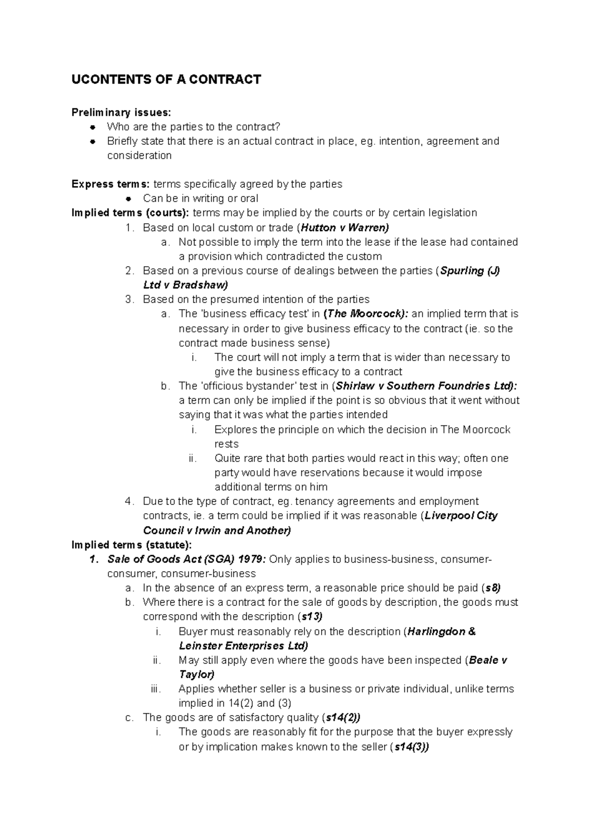 Contents Of A Contract - Express and Implied Terms - UCONTENTS OF A ...