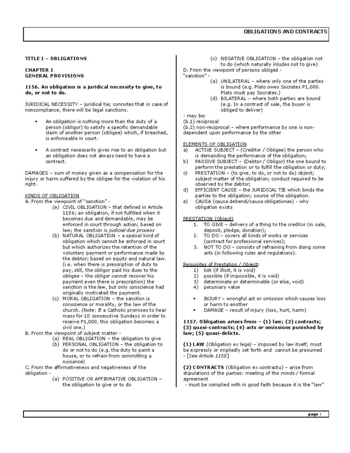 Oblicon Reading Material 1 Art - TITLE I – OBLIGATIONS CHAPTER 1 ...