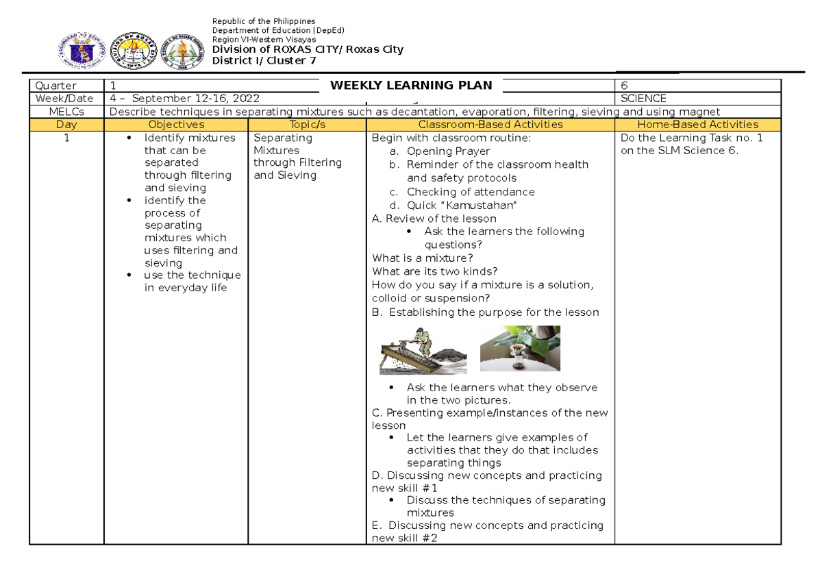 Weekly Learning PLAN Q1 W4 Science - Quarter 1 Grade Level 6 Week/Date ...
