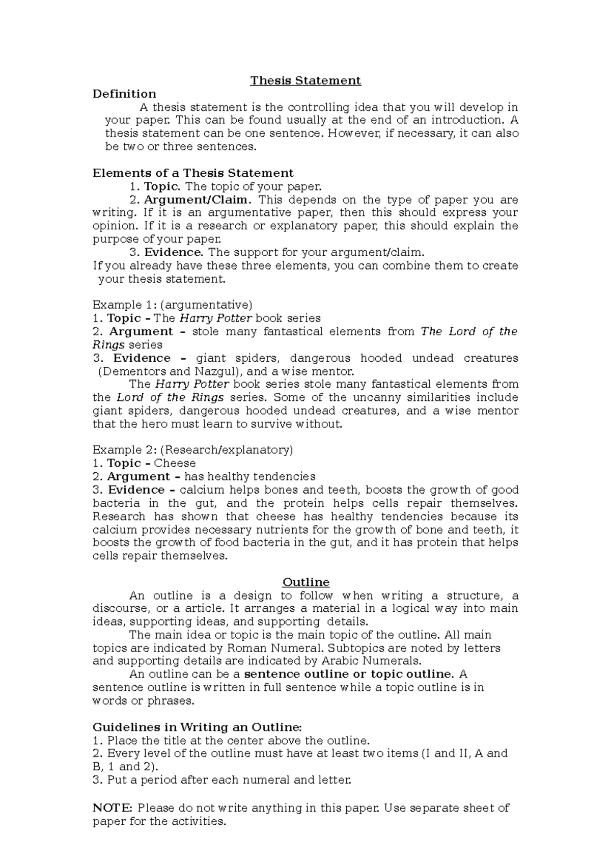 Thesis Statement - A practical activity for students - Thesis Statement ...