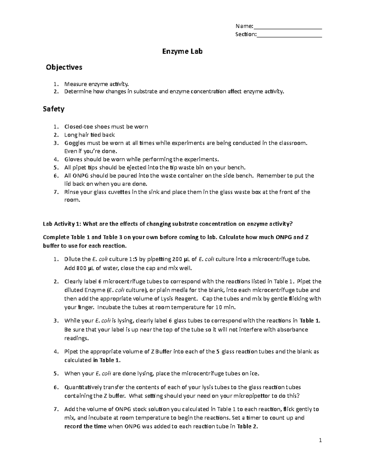 Biolab 2 - bio lab - Secion:____________________ Enzyme Lab Objecives ...