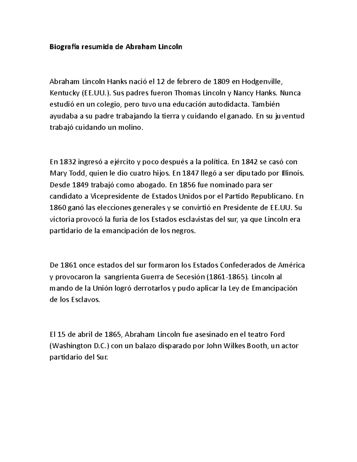 332832844 Biografia Resumida de Abraham Lincoln - Biografía resumida de ...