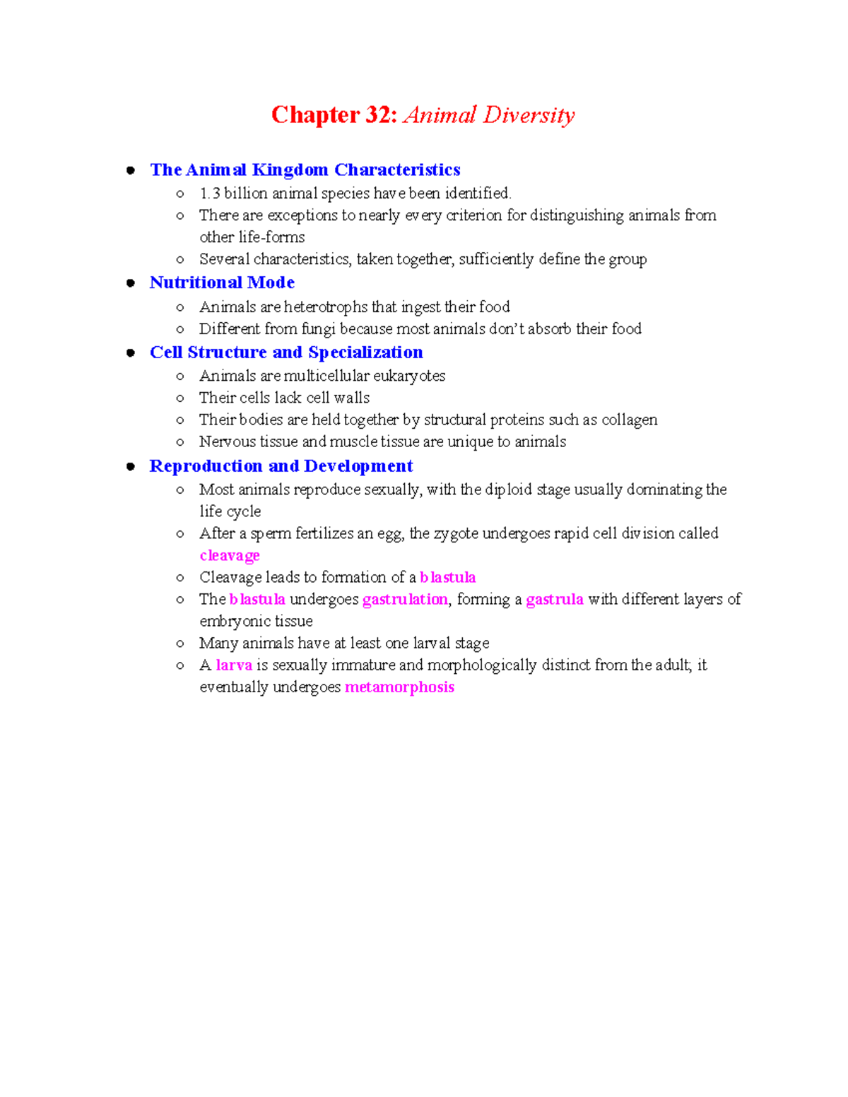Bio 182 Chapter 32 Animal Diversity - Chapter 32: Animal Diversity The ...