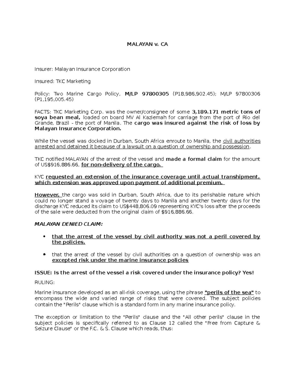 Malayan V CA - case - MALAYAN v. CA Insurer: Malayan Insurance ...