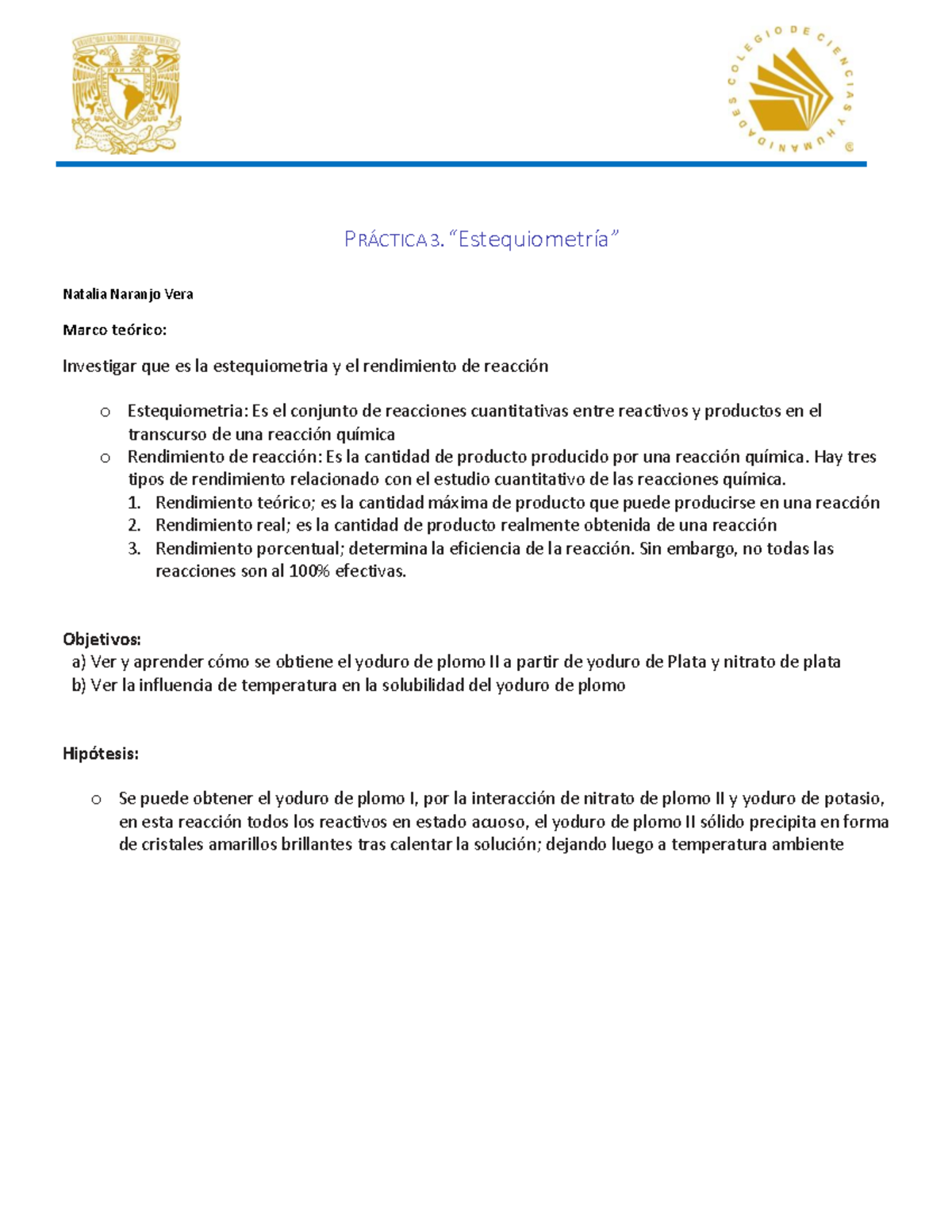 Práctica 3 Química - Cccddd - PRÁCTICA 3. “Estequiometría” Natalia ...