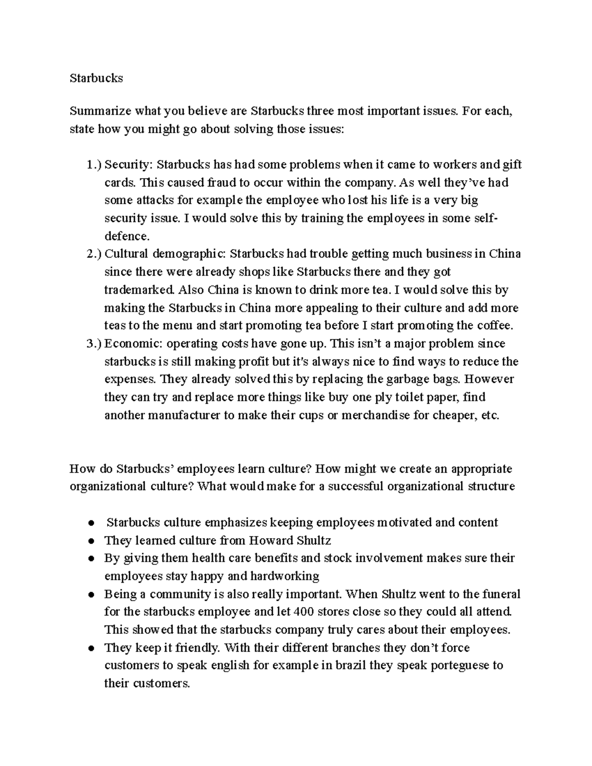 Starbucks Lab - Starbucks Summarize what you believe are Starbucks ...